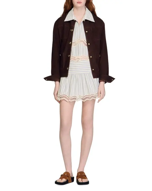 Sandro Striped Cotton Skort With Lace Trim - Ecru Bleu