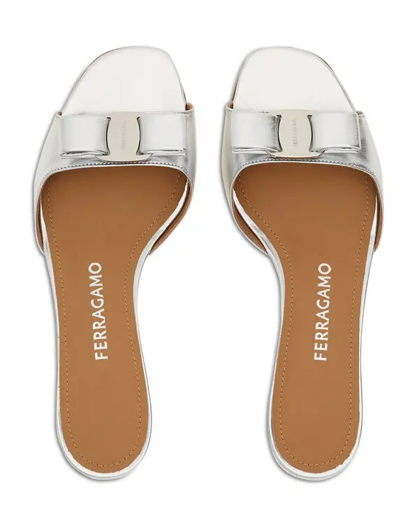 FERRAGAMO Leather Bow Detail Slide Sandals
