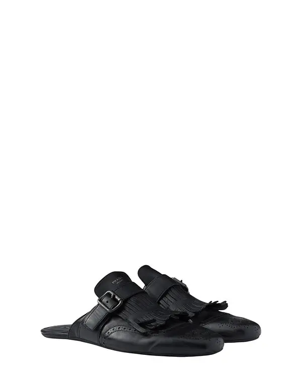 Prada Antiqued Leather Mules With Buckled Strap And Fringe