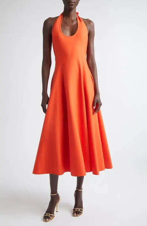 Oscar De La Renta Halter Neck Stretch Wool Fit & Flare Dress - Paprika