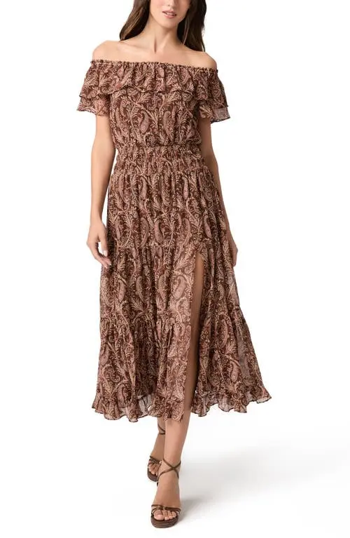 Paige Alistar Print Ruffle Off The Shoulder Silk Midi Dress - Oak Multi