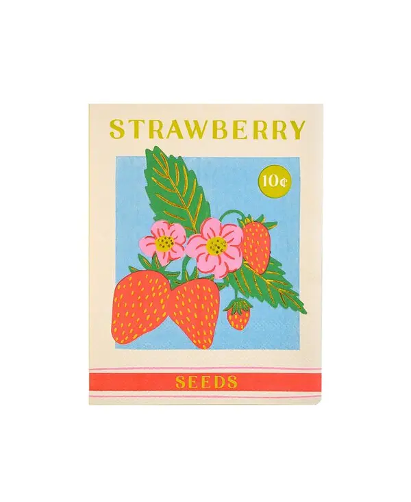 JOLLITY & CO In Bloom Strawberry Seed Packet Large Paper Napkins, Set Of 16 - Strawberry Print Napkins