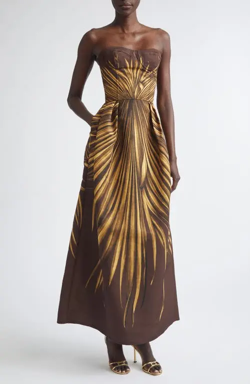 Oscar De La Renta Strapless Faille Palm Print Gown - Brown/brown