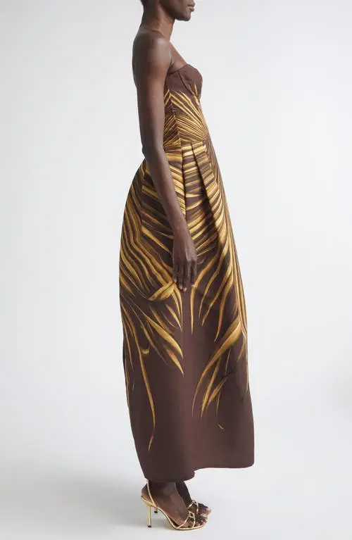 Oscar De La Renta Strapless Faille Palm Print Gown