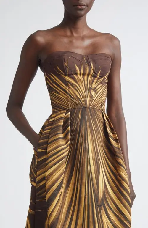 Oscar De La Renta Strapless Faille Palm Print Gown