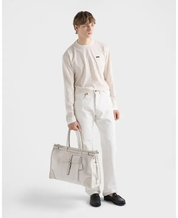 Prada Bonnie Denim And Leather Tote Bag - White