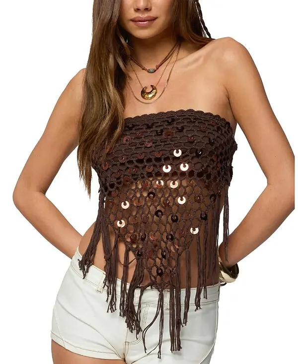 EDIKTED Crochet Fringed Backless Top - Brown