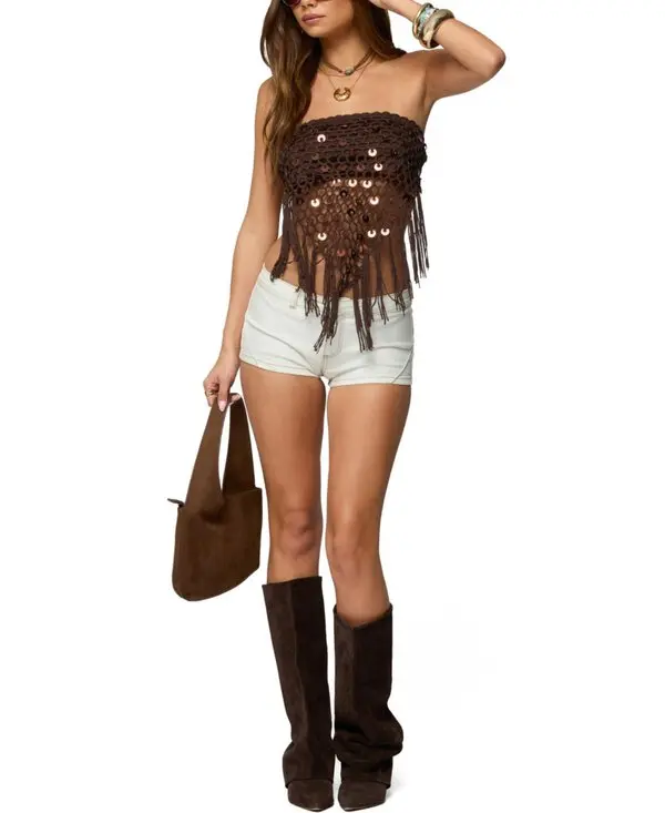 EDIKTED Crochet Fringed Backless Top