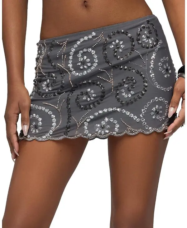 EDIKTED Embroidered Bead & Sequin Mesh Mini Skirt - Dark-gray