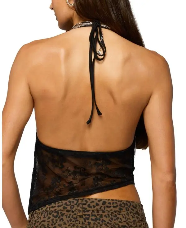 EDIKTED Asymmetric Fringe Sheer Lace Halter Top