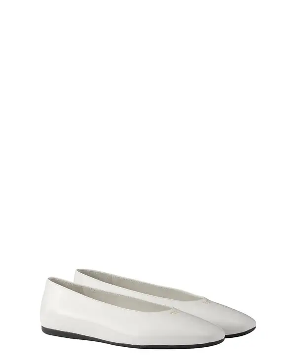Prada Brushed Leather Square Toe Ballerinas - White