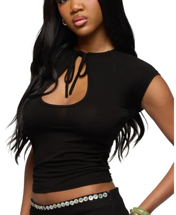 EDIKTED Keyhole Tie Neck Top