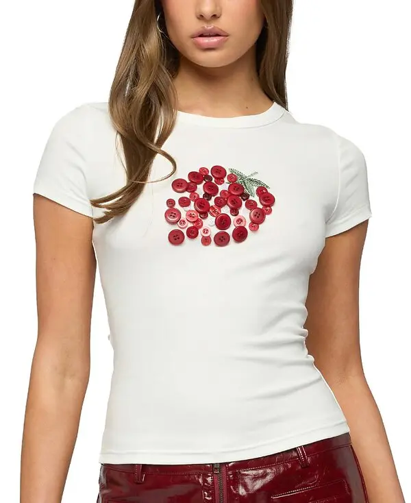 EDIKTED My Sweet Strawberry Button T Shirt - White
