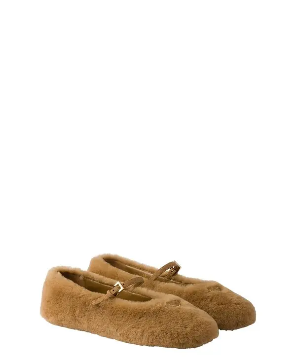 Prada Shearling Ballerina Flats With Buckle Detail - Brown
