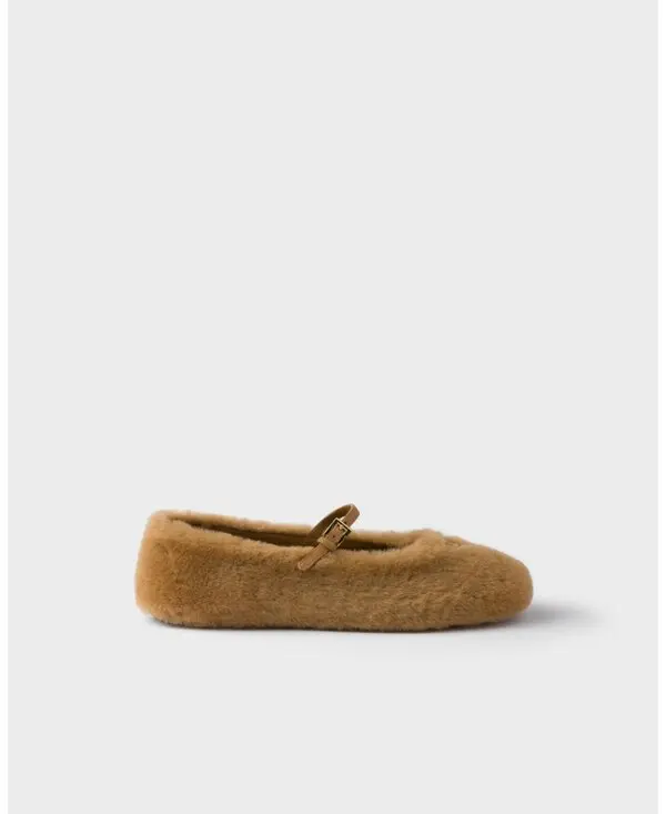 Prada Shearling Ballerina Flats With Buckle Detail - Brown