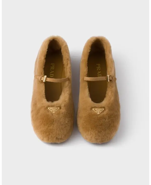 Prada Shearling Ballerina Flats With Buckle Detail - Brown