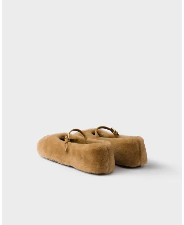 Prada Shearling Ballerina Flats With Buckle Detail - Brown