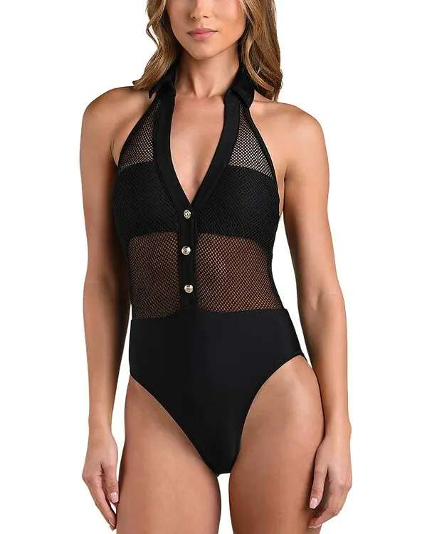 L'Agence Natalya Collared Mesh One Piece Swimsuit - Black