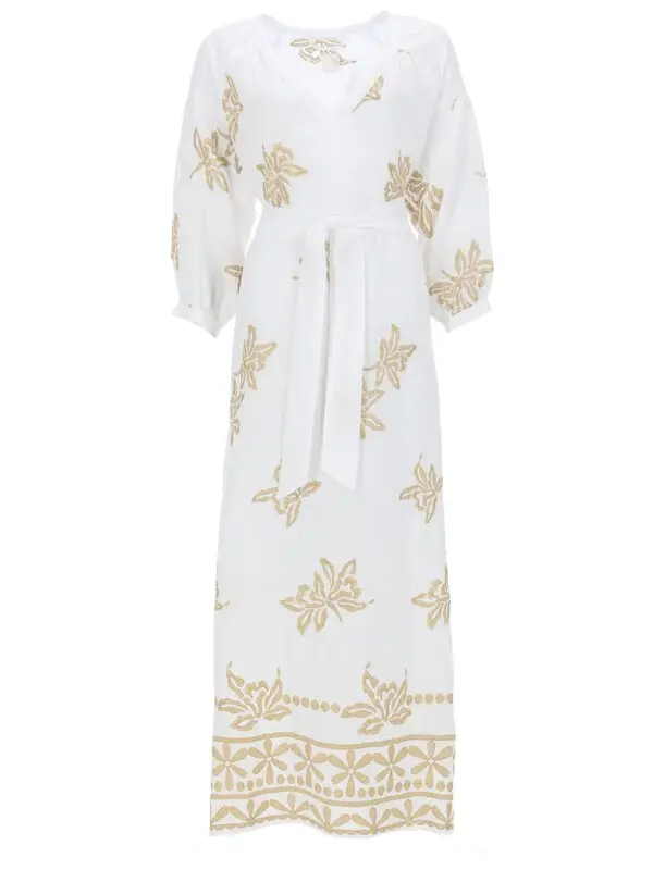 120% Lino Midi Dress With Floral Print