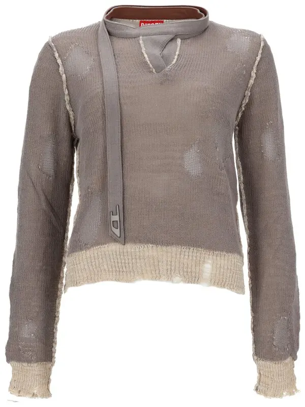 DIESEL® Distressed Knit Sweater With Tie Detail - Grey