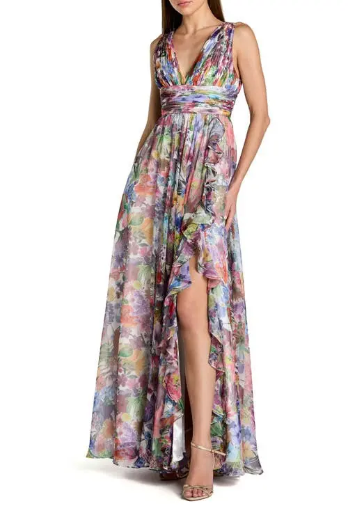 Mac Duggal Sleeveless Printed Chiffon V-neck Gown - Multi