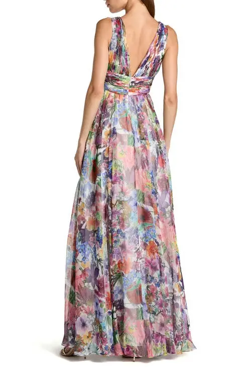 Mac Duggal Sleeveless Printed Chiffon V-neck Gown