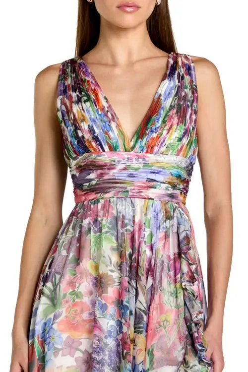 Mac Duggal Sleeveless Printed Chiffon V-neck Gown