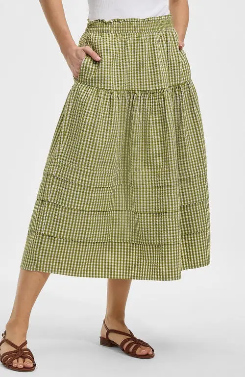 LANDS' END Seersucker Pull On Midi Skirt - Vintage Lime Green Gingham