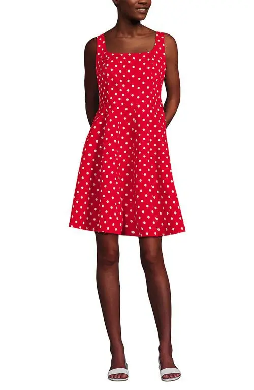LANDS' END Princess Seam Poplin Above The Knee Dress - Compass Red Dot