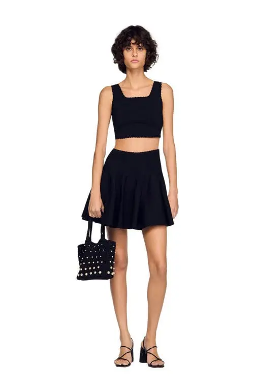 Sandro Beaded Crochet Top Handle Bag - Black