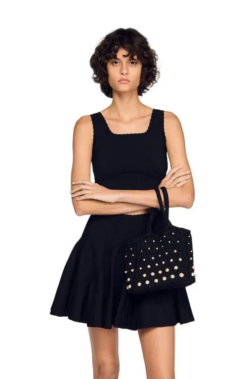 Sandro Beaded Crochet Top Handle Bag - Black