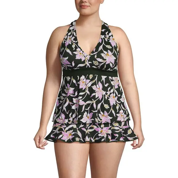 LANDS' END Dd-cup V-neck Racerback Flutter Tankini - Tropic Floral/rich Olive