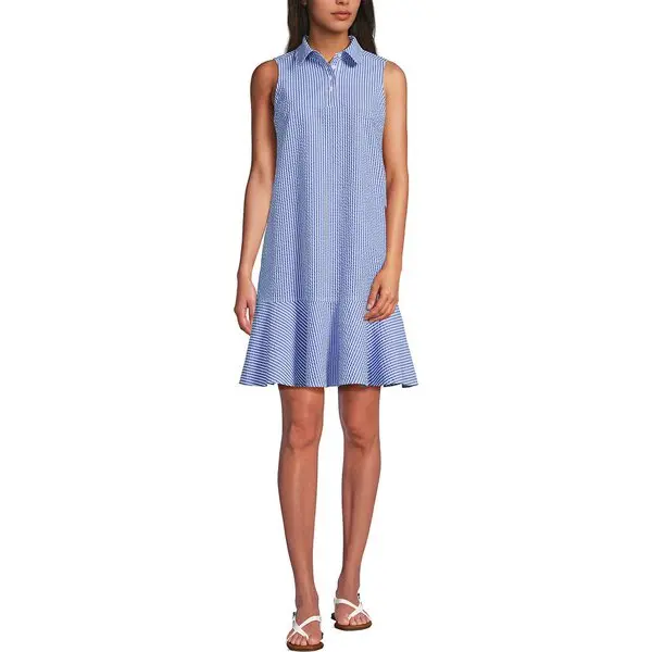 LANDS' END Seersucker Tennis Dress - Clear Blue/white Stripe