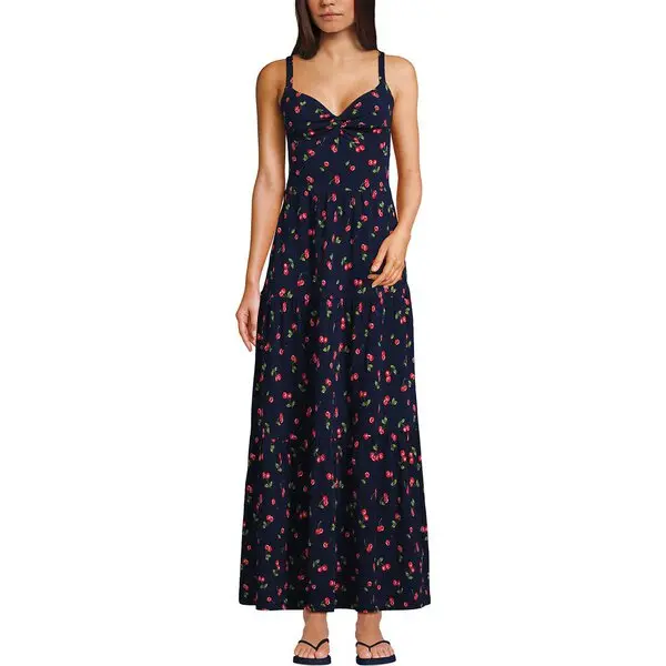 LANDS' END Cotton Modal Twist Front Tiered Maxi Dress - Deep Sea Navy/cherries