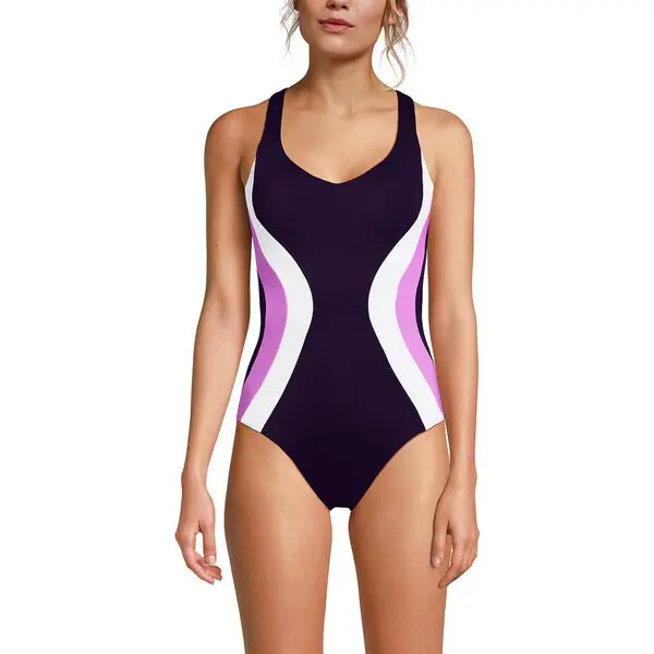 LANDS' END Tugless Contour One Piece - Blackberry/pink Colorblock