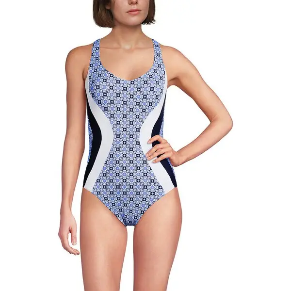 LANDS' END Tugless Contour One Piece - Lake Blue Geo Colorblock