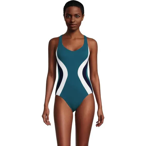 LANDS' END Tugless Contour One Piece - Teal/white/navy Colorblock