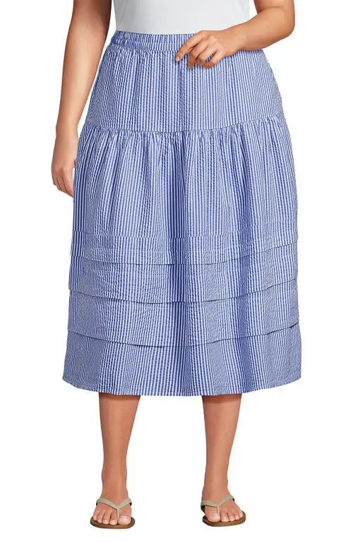LANDS' END Seersucker Pull On Midi Skirt - Clear Blue/white Stripe