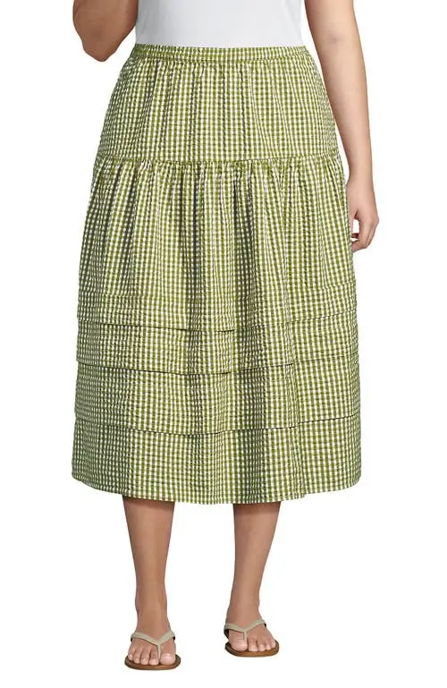 LANDS' END Seersucker Pull On Midi Skirt - Vintage Lime Green Gingham