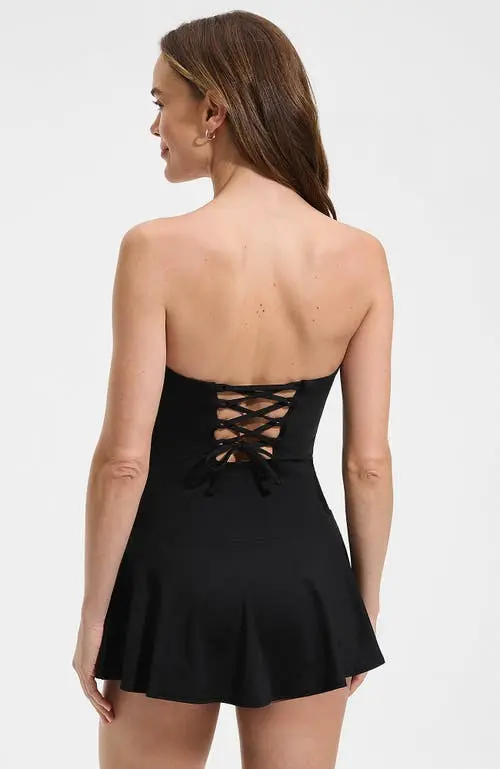 LANDS' END Sculpting Bandeau Lace Back Mini Swim Dress