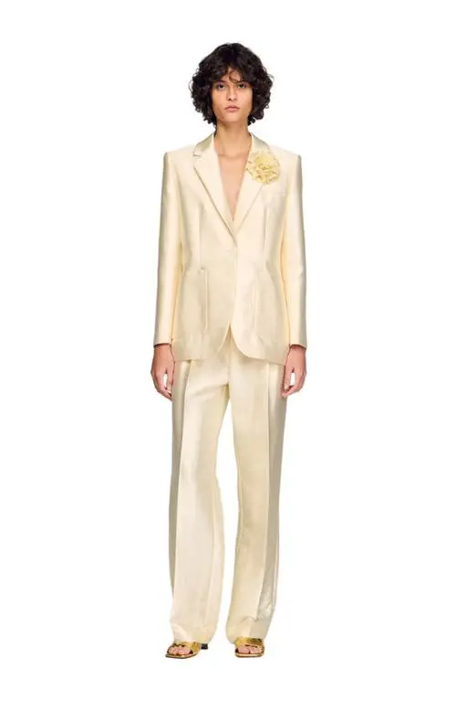 Sandro Satin Effect Tailored Jacket With Flower Brooch