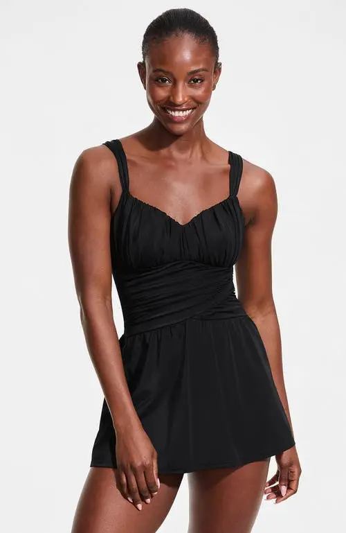 LANDS' END Slender Lite Sweetheart Shirred Swim Dress - Black