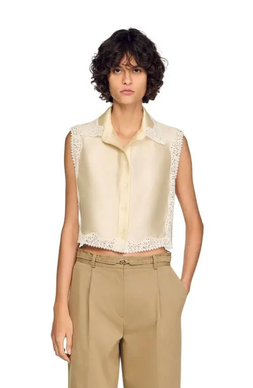 Sandro Sleeveless Cropped Shirt With Lace Detail - Ecru