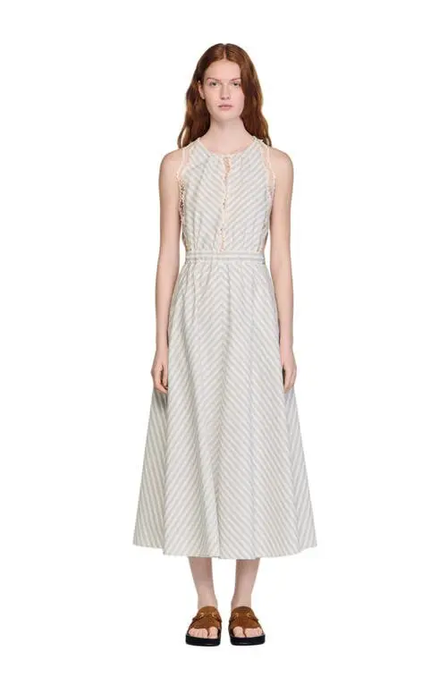 Sandro Striped Cotton Maxi Dress With Contrasting Trim - Ecru/bleu