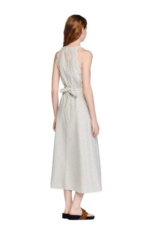 Sandro Striped Cotton Maxi Dress With Contrasting Trim - Ecru/bleu
