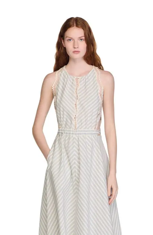 Sandro Striped Cotton Maxi Dress With Contrasting Trim - Ecru/bleu