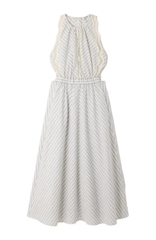 Sandro Striped Cotton Maxi Dress With Contrasting Trim - Ecru/bleu