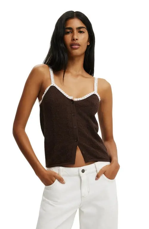COTTON ON Knit Button Through Cami - Dark Oak