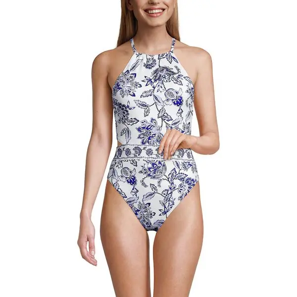 LANDS' END High Neck Monokini High Leg One Piece Swimsuit - Blue Vintage Floral