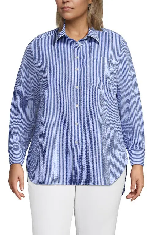 LANDS' END Oversized Seersucker Shirt - Clear Blue/white Stripe